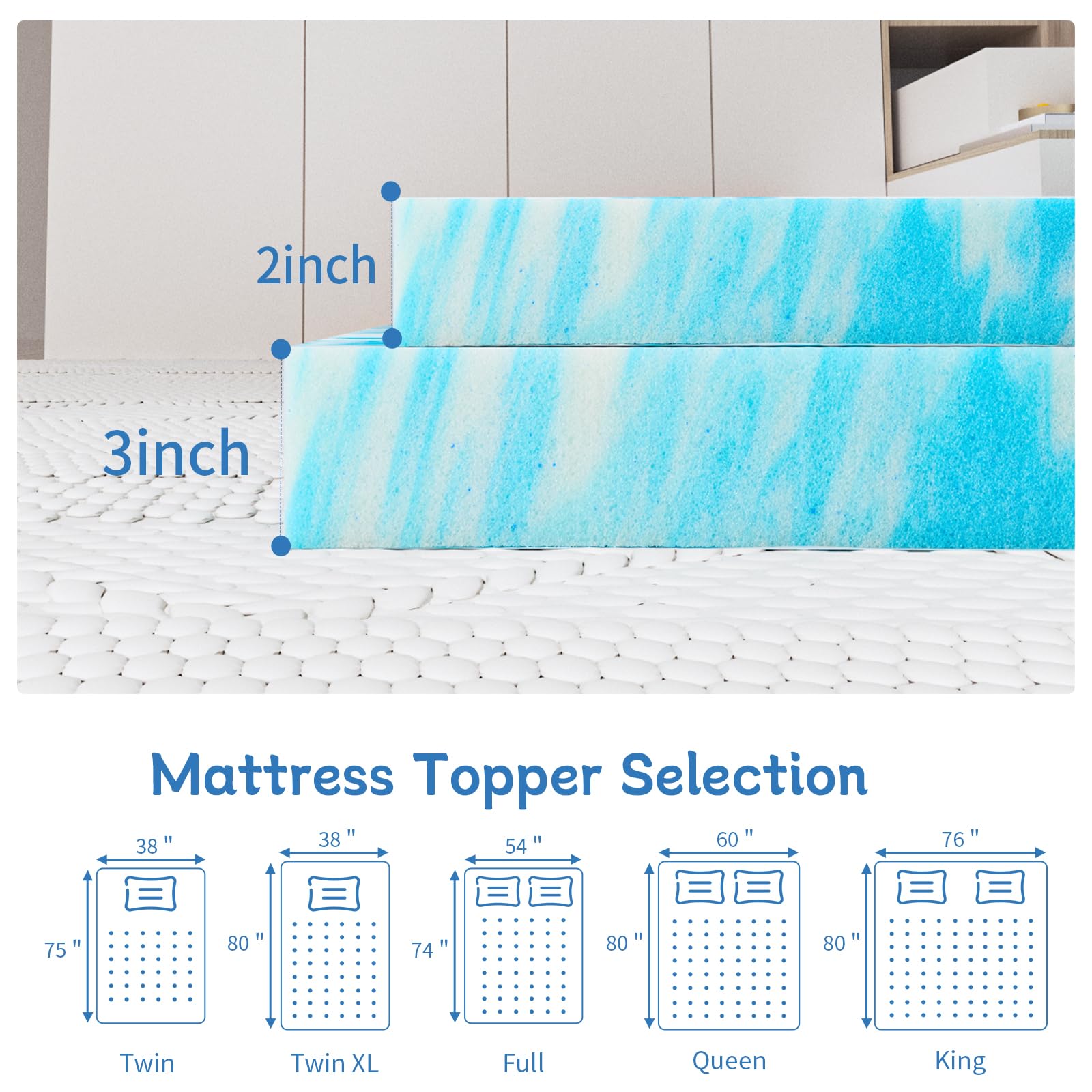 NEWBULIG Mattress Topper Memory Foam, Cooling Gel Infused Mattrespad, Ventilated Bed Cushion for Pressure Relief Back Pain