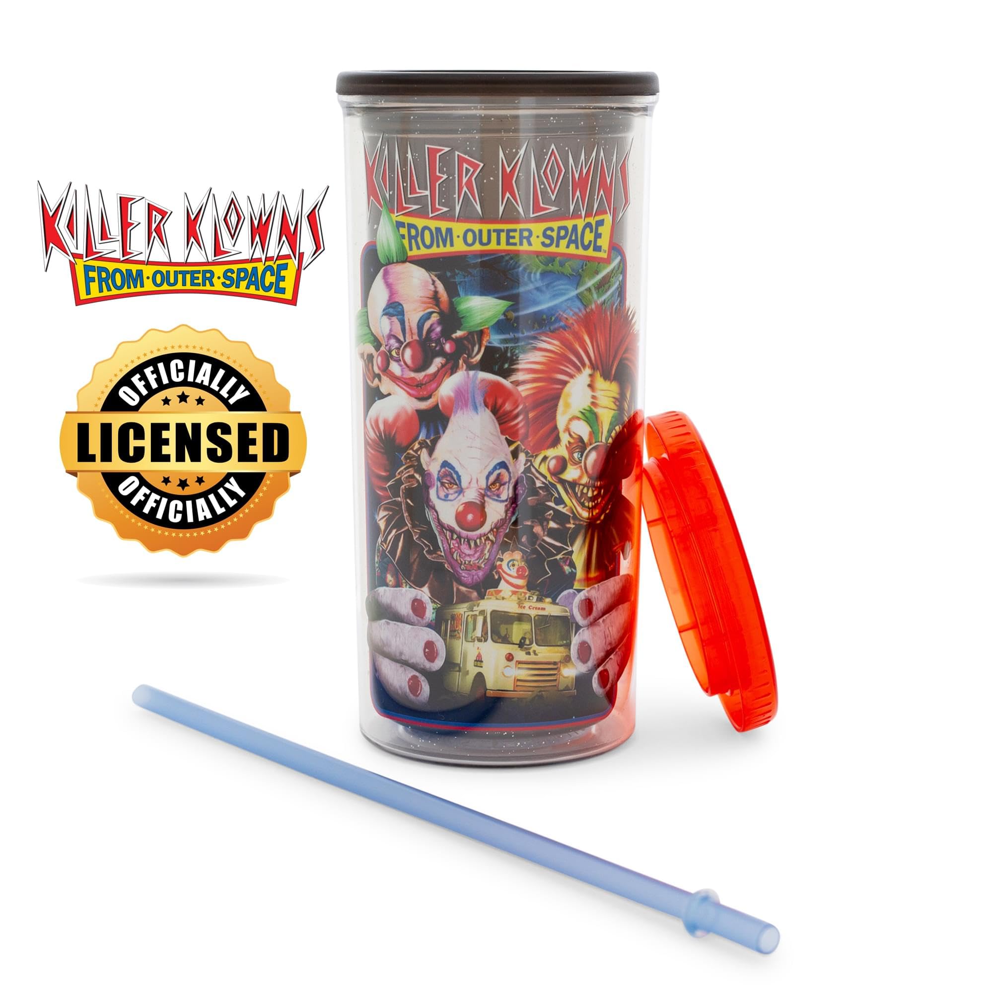 Silver Buffalo Killer Klowns From Outer Space Plastic Cold Cup With Spill-Resistant Lid and Reusable Straw | Double-Walled Travel Tumbler For Drinks | Holds 20 Ounces