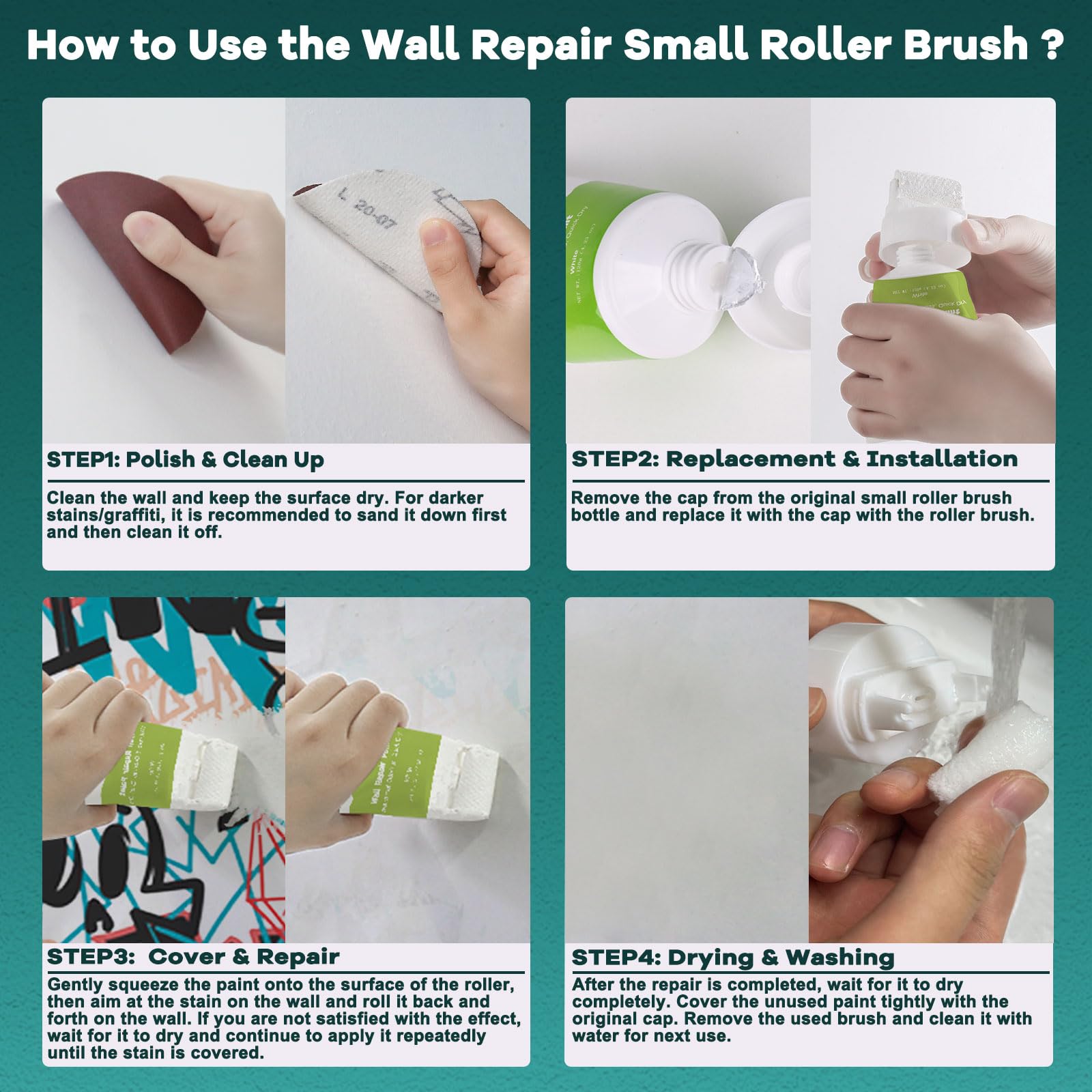 White Paint for Walls - Wall Small Roller Paint Brush, White Wall Repair Rolling Brush Set, 2-in-1 Small Roller Brush Wall Repair Tool for Covering Graffiti, Stain, Renovation on Walls - 120g