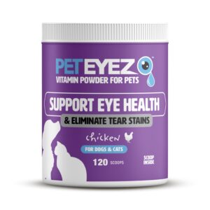 pet eyez vitamin powder for pets - supports eye health & reduces tear stain buildup - 100% natural food topper for dogs & cats with superfoods, antioxidants & nutrients - chicken flavor - 120 scoops