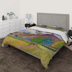 RIVINE Paul Gauguin Style Duvet Cover Set 3 Pieces Tahitian Landscape, 1891 Ultra Soft Bedroom Bedding Set with 2 Pillow Shams 4 Ties Zipper Twin XL