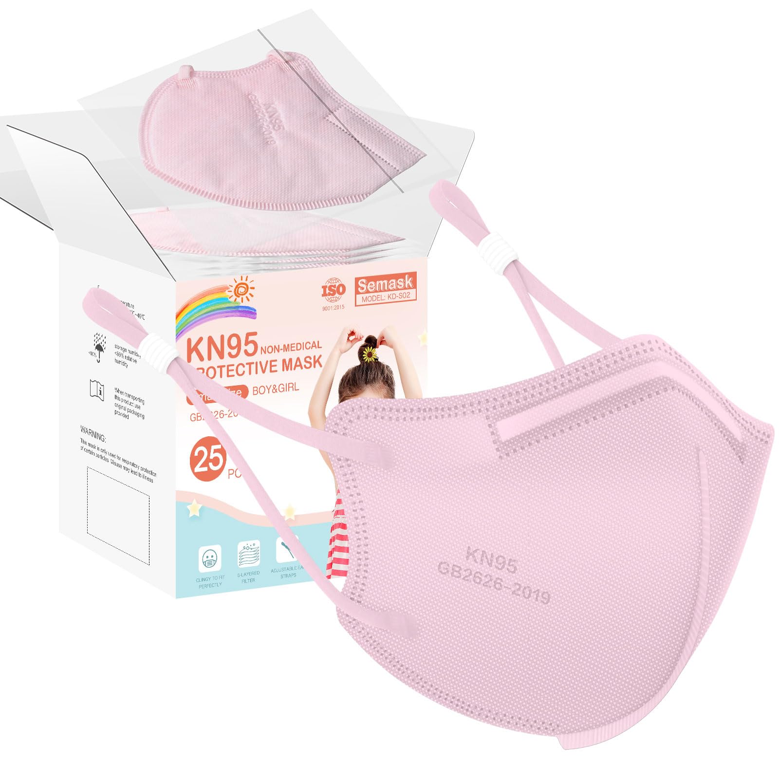 Semask Kids KN95 Adjustable Masks 25 Pack, Individually Wrapped Disposable Masks with Adjustable Ear Loops (Pink)