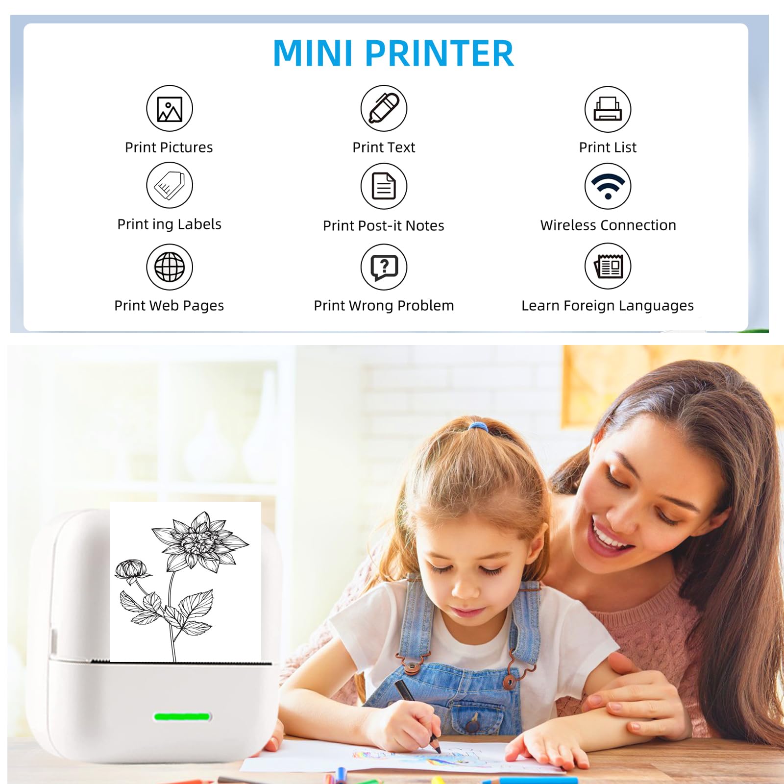 PRINHSJI Mini Printer Thermal Sticker Printer with 11 Rolls Thermal Paper and Sticker for iOS&Android,Portable Bluetooth Pocket Printer for Study Notes, Pictures, DIY, Label