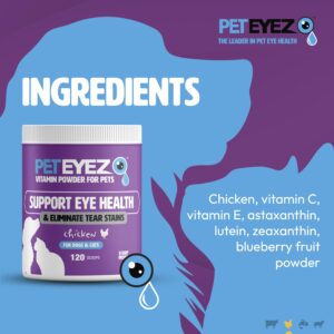 Pet Eyez Vitamin Powder for Pets - Supports Eye Health & Reduces Tear Stain Buildup - 100% Natural Food Topper for Dogs & Cats with Superfoods, Antioxidants & Nutrients - Chicken Flavor - 120 Scoops