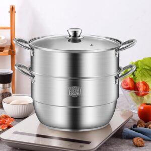 steamer for cooking, food grade stainless steel steamer pot, 11 inch steam pots with glass lid 2-tier for cooking vegetables, seafood, soups, stews and pasta cooking tool (28cm)