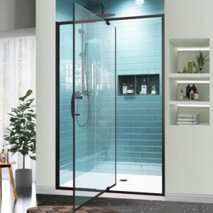 GroGro 44-48" W x 71" H Piovt Swing Glass Shower Door,Pivot Semi-Frameless Glass Shower Door with 1/4"(6mm) Clear SGCC Tempered Glass,Matte Black Finish Shower Doors,Reversible Installation