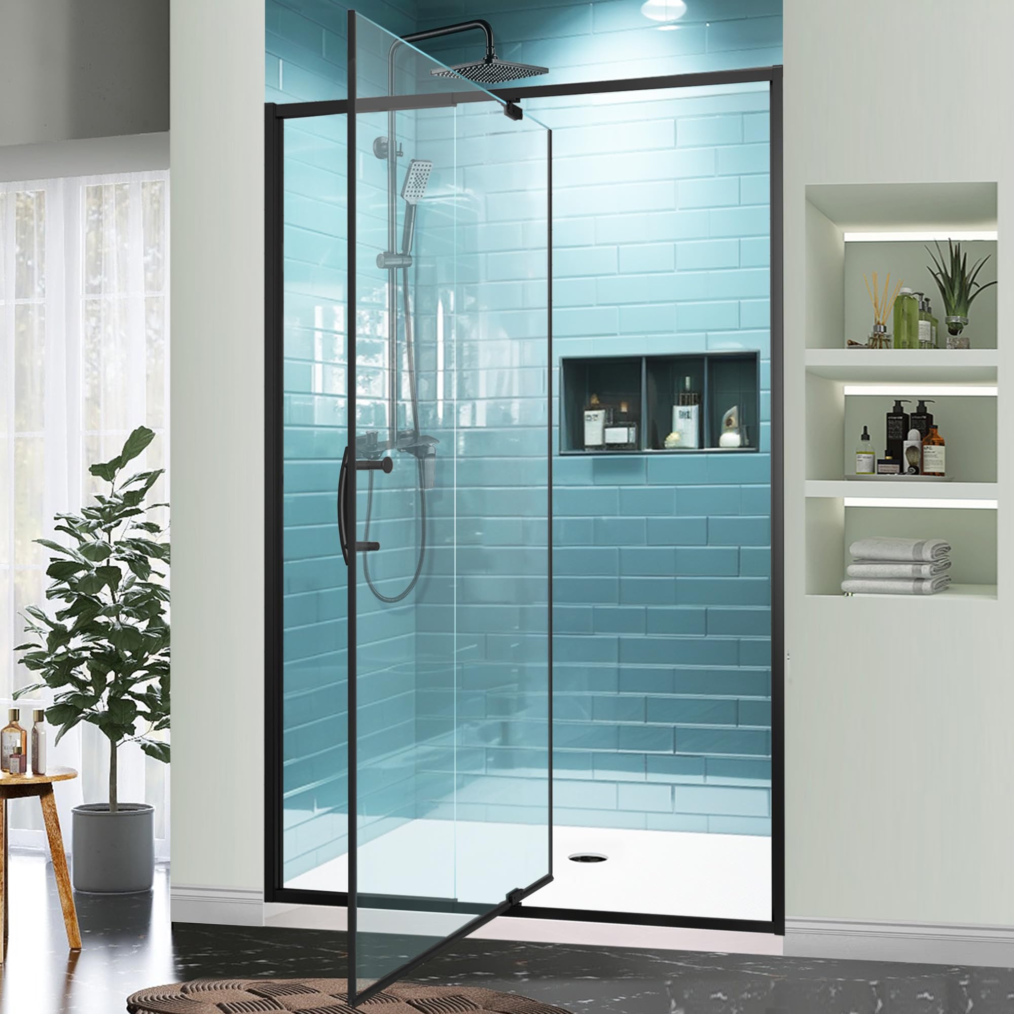 GroGro 44-48" W x 71" H Piovt Swing Glass Shower Door,Pivot Semi-Frameless Glass Shower Door with 1/4"(6mm) Clear SGCC Tempered Glass,Matte Black Finish Shower Doors,Reversible Installation