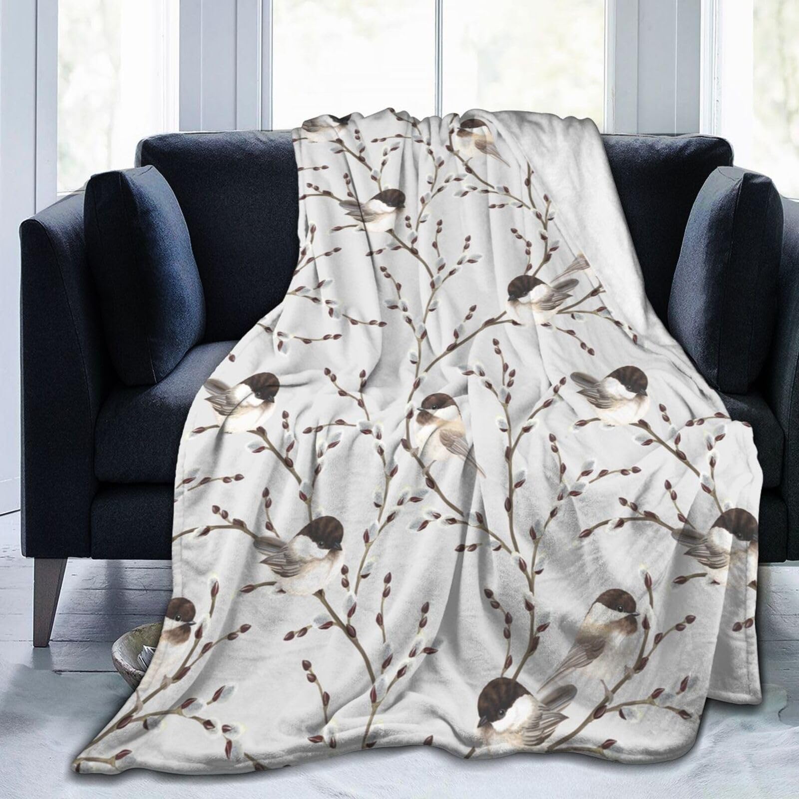 Willow Branches Birds Black Capped Chickadee Throw Blanket Super Soft Cozy Fuzzy Flannel Blanket Girls Boys Teens Plush Throw Blankets for Couch Bed Sofa All Season Room Decor Gifts 60"x50"