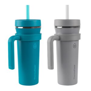 ThermoFlask Premium Quality Double Wall Insulated Stainless Steel Tumbler with Handle and Straw Lid, 32 Ounce, 2-Pack, Crystal Teal/Circular Grey