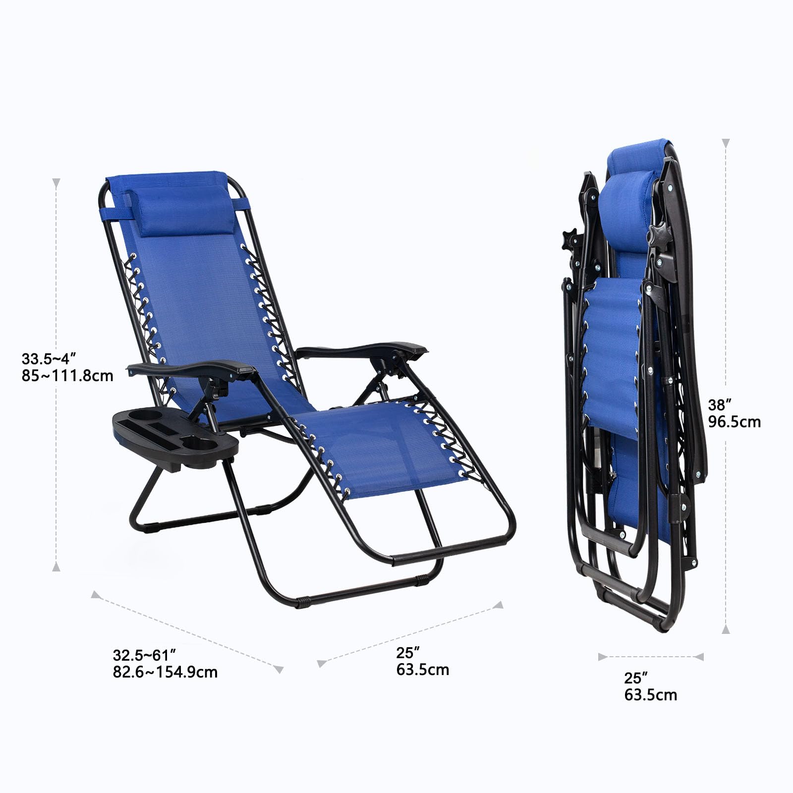 Nazhura Set of 2 Relaxing Recliners Patio Chairs Adjustable Steel Mesh Zero Gravity Lounge Chair Recliners with Pillow and Cup Holder (Blue)