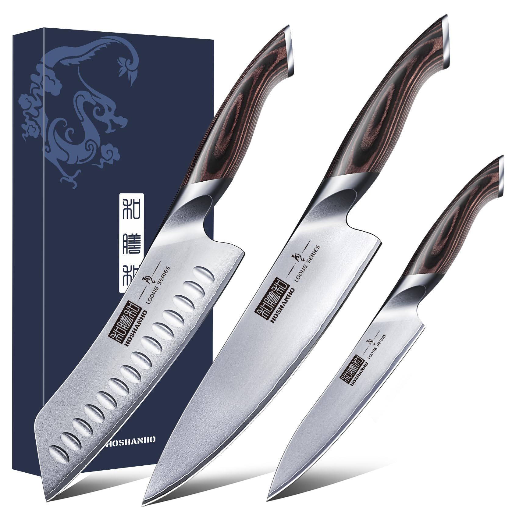 HOSHANHO 3 Pieces Knife Set, Professional Japanese AUS-10 Stainless Steel Kitchen Knife Set, Ultra Sharp Chef Knives Sets with Ergonomic Pakkawood Handle