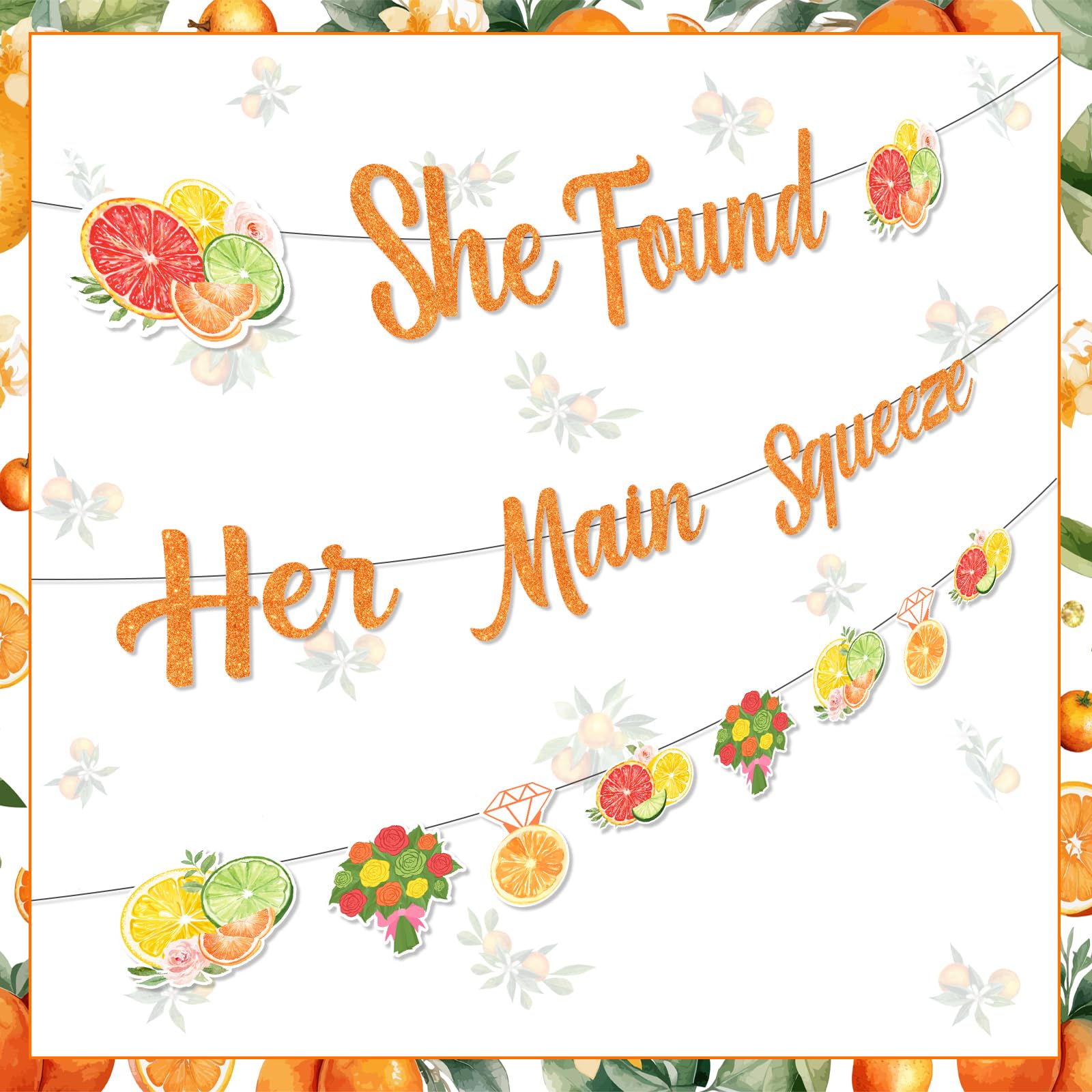 She Found Her Main Squeeze Banner Garland, Lemon Bridal Shower Party Decoration Glitter Citrus Theme Banner Garland for Citrus Lemonade Orange Summer Fruit Theme Bachelorette Wedding Engagement Party