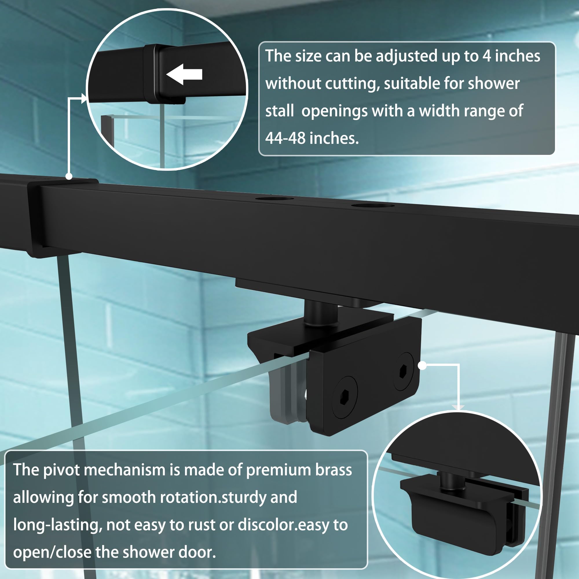 GroGro 44-48" W x 71" H Piovt Swing Glass Shower Door,Pivot Semi-Frameless Glass Shower Door with 1/4"(6mm) Clear SGCC Tempered Glass,Matte Black Finish Shower Doors,Reversible Installation