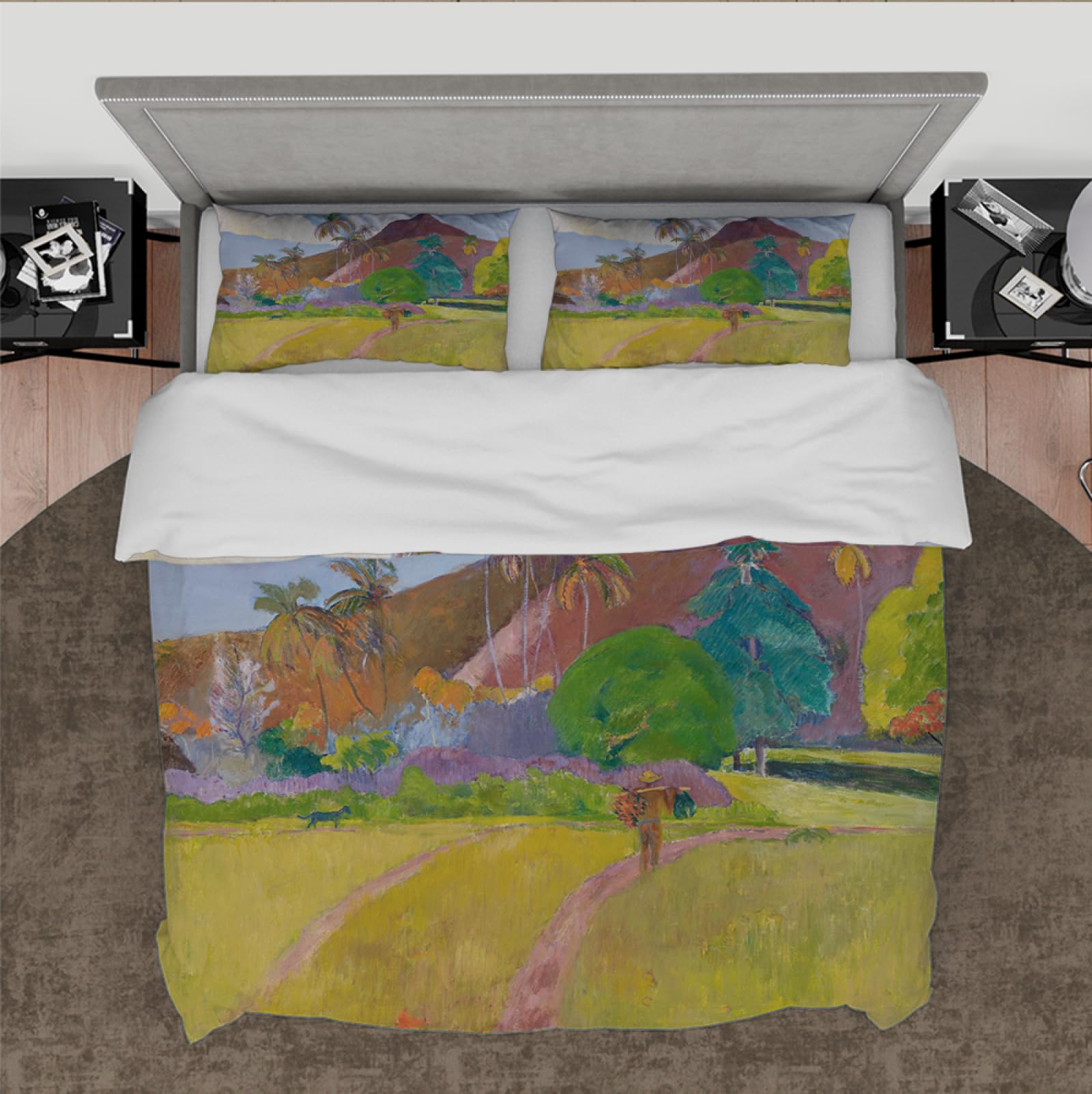 RIVINE Paul Gauguin Style Duvet Cover Set 3 Pieces Tahitian Landscape, 1891 Ultra Soft Bedroom Bedding Set with 2 Pillow Shams 4 Ties Zipper Twin XL