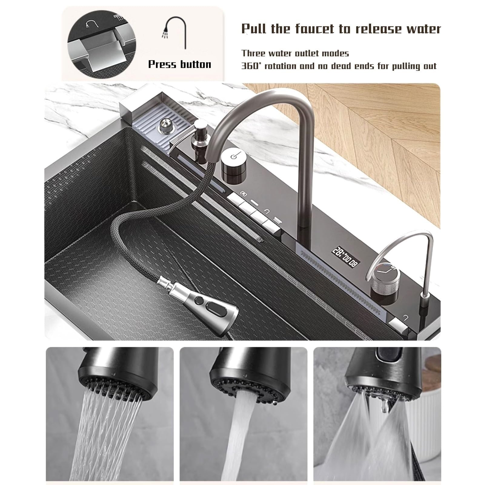 Smart Kitchen Sink With Digital Display,Nano 304 Stainless Steel Kitchen Sink With Flying Rain, Pull-Out Faucet, Pressurized Cup Washer