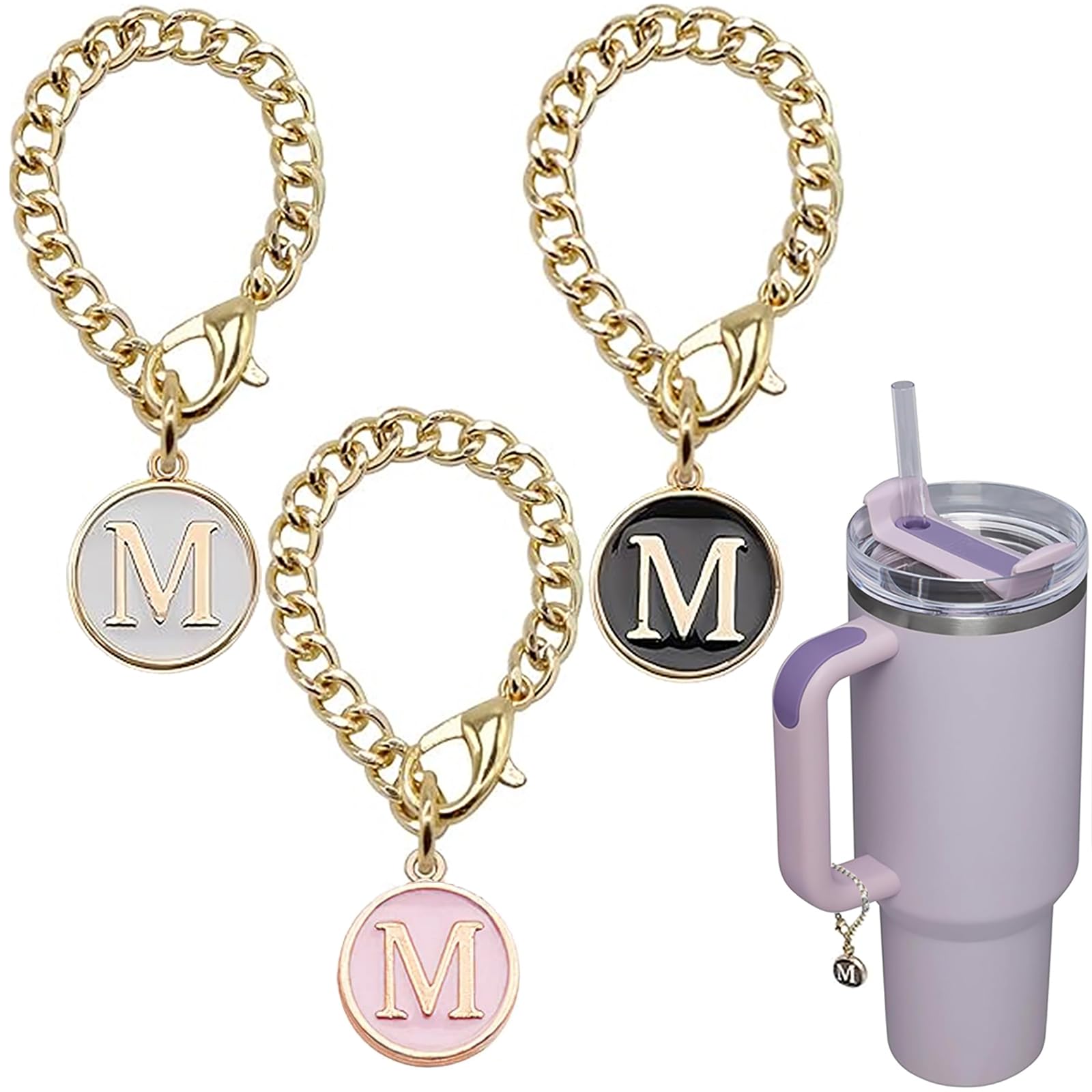 Ekarley Letter Charm Accessories for Stanley Cup, 3Pcs Initial Chain Water Bottle Handle Name Id Charm for Tumbler Cups-M