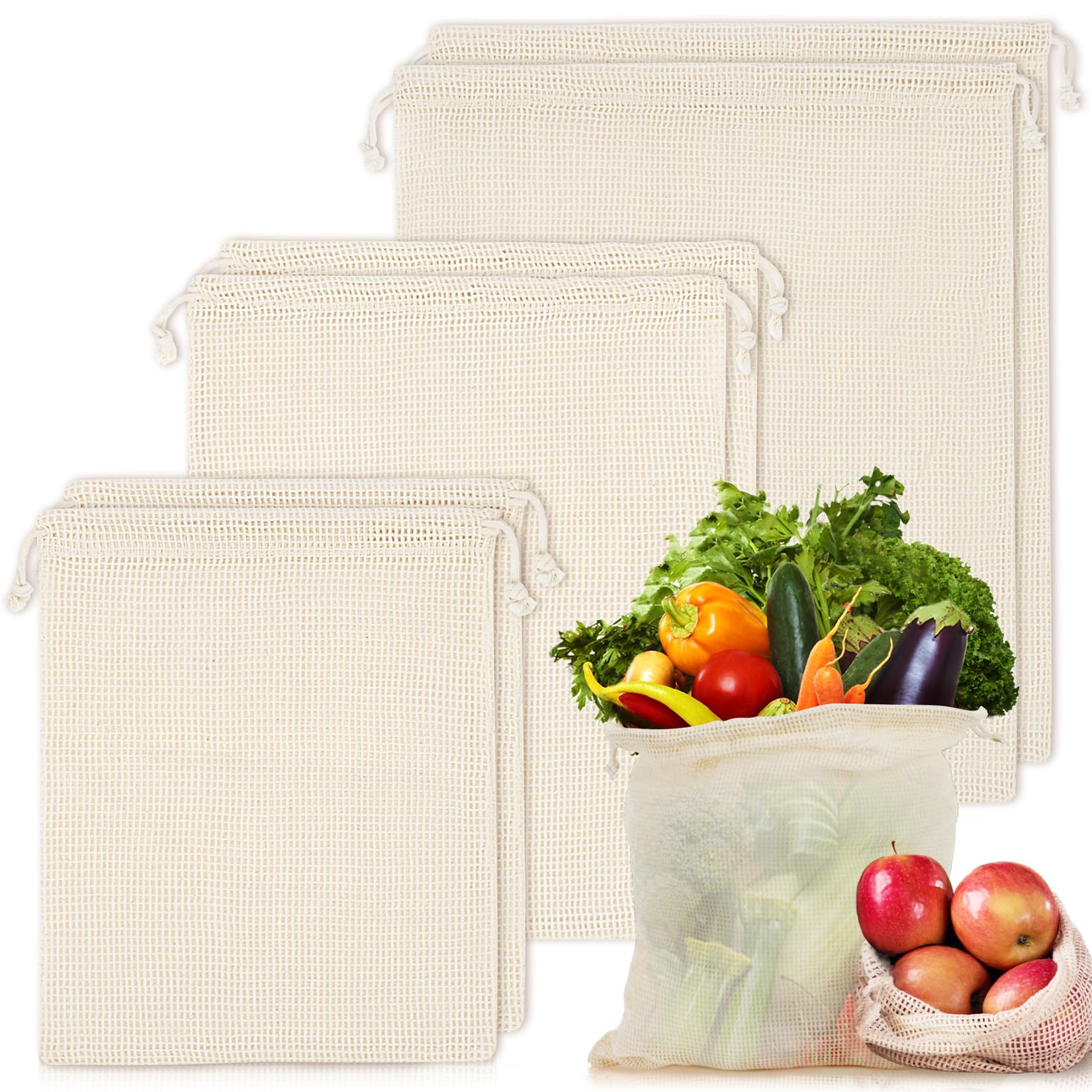 MAQIHAN 6 Pack Reusable Produce Bags Cotton Mesh Produce Bags Mesh Storage Produce Bags Reusable Durable Double Stitched With Drawstring Produce Bag For Vegetables,Fruit & Grocery Shopping (2L,2M,2S)