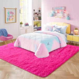 Awaytail Fluffy Rug Washable 4x6 Feet, Hot Pink Fuzzy Rugs for Bedroom Girls, Flame Retardant Plush Shaggy Rug Home Decor