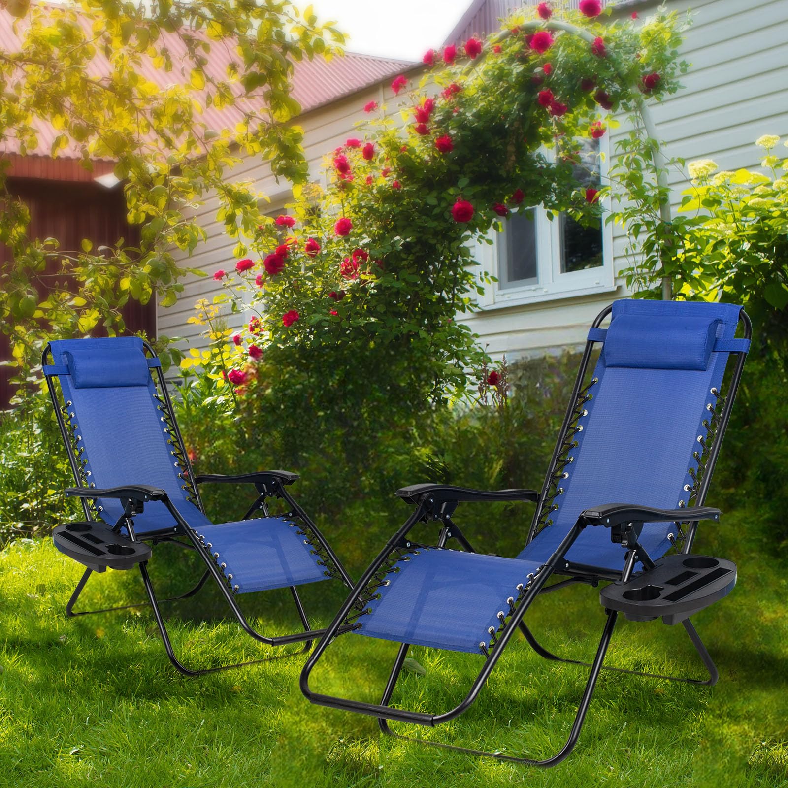 Nazhura Set of 2 Relaxing Recliners Patio Chairs Adjustable Steel Mesh Zero Gravity Lounge Chair Recliners with Pillow and Cup Holder (Blue)