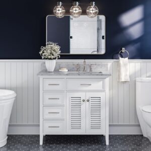 ARIEL Kensington Bathroom Vanity 37" Inch in White with Carrara White Marble Countertop, Right Offset Rectangular Sink, 2 Soft Closing Doors and 4 Full Extension Dovetail Drawers