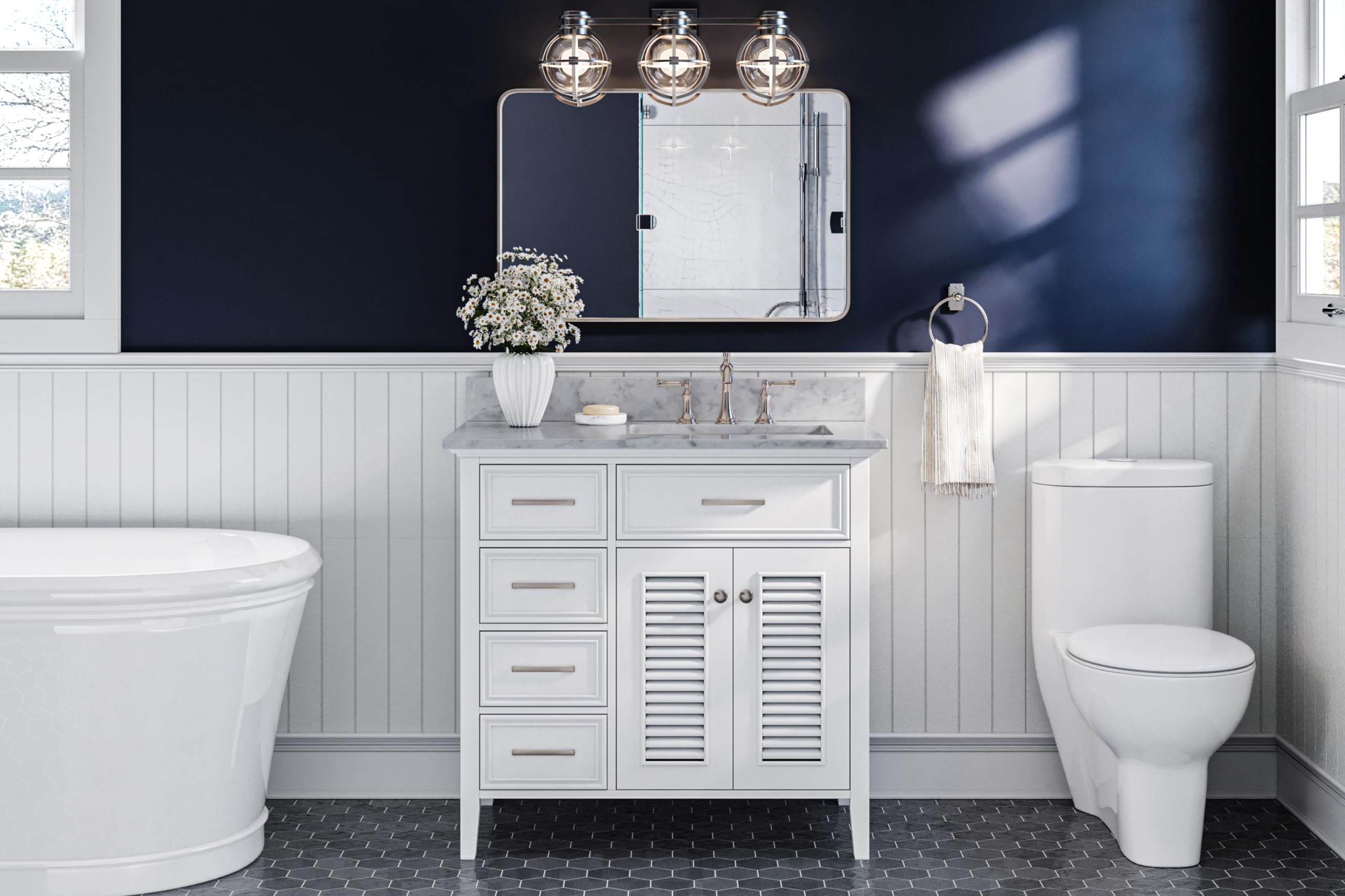 ARIEL Kensington Bathroom Vanity 37" Inch in White with Carrara White Marble Countertop, Right Offset Rectangular Sink, 2 Soft Closing Doors and 4 Full Extension Dovetail Drawers