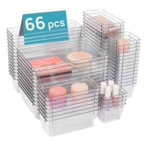 vtopmart 66 pcs clear plastic drawer organizers bins, 4-size versatile bathroom and vanity organizer trays, non-slip storage containers for makeup, jewelries, bedroom，kitchen utensils and office