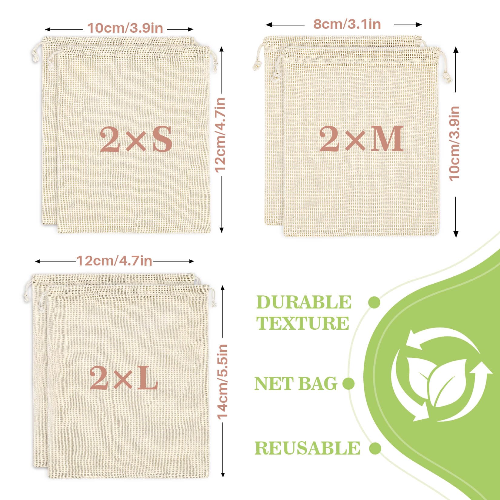 MAQIHAN 6 Pack Reusable Produce Bags Cotton Mesh Produce Bags Mesh Storage Produce Bags Reusable Durable Double Stitched With Drawstring Produce Bag For Vegetables,Fruit & Grocery Shopping (2L,2M,2S)