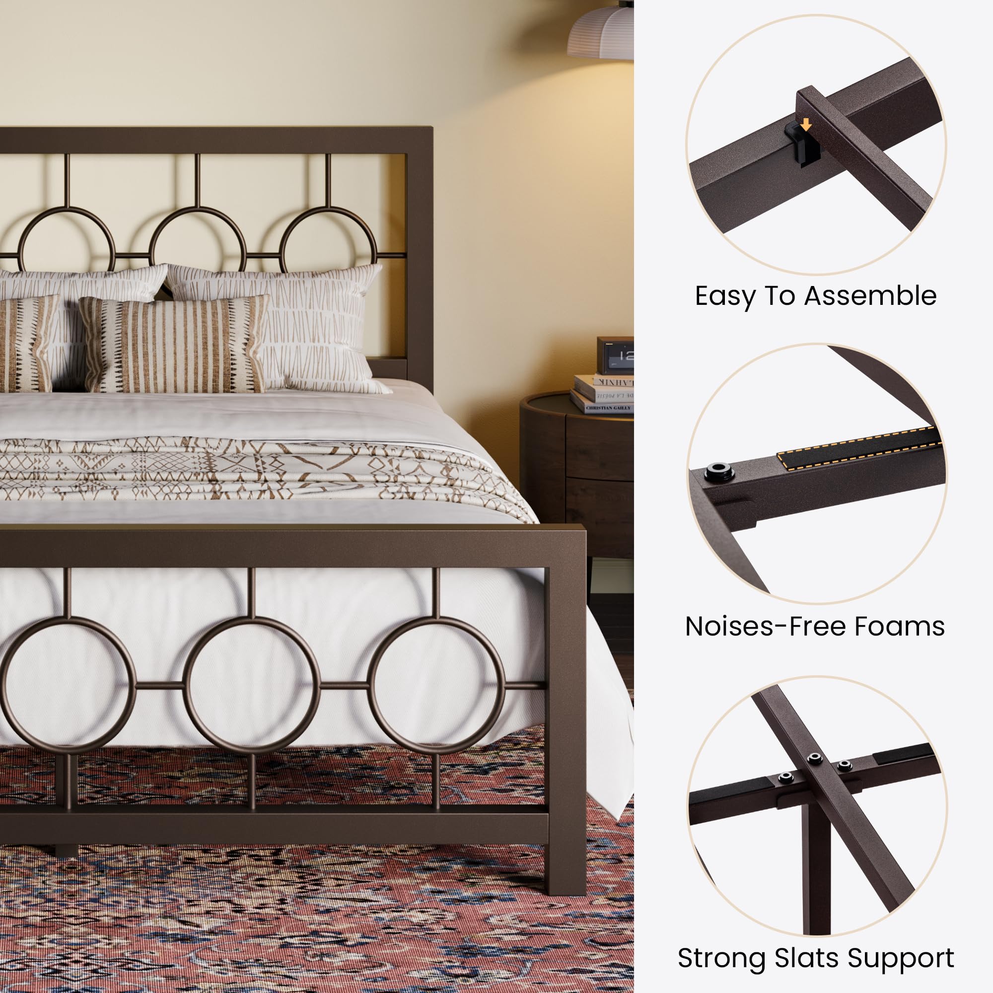 SHA CERLIN Queen Size Metal Bed Frame with Vintage Circular Design Headboard and Footboard,No Box Spring Required,Easy Assembly,Noise-Free,Brown