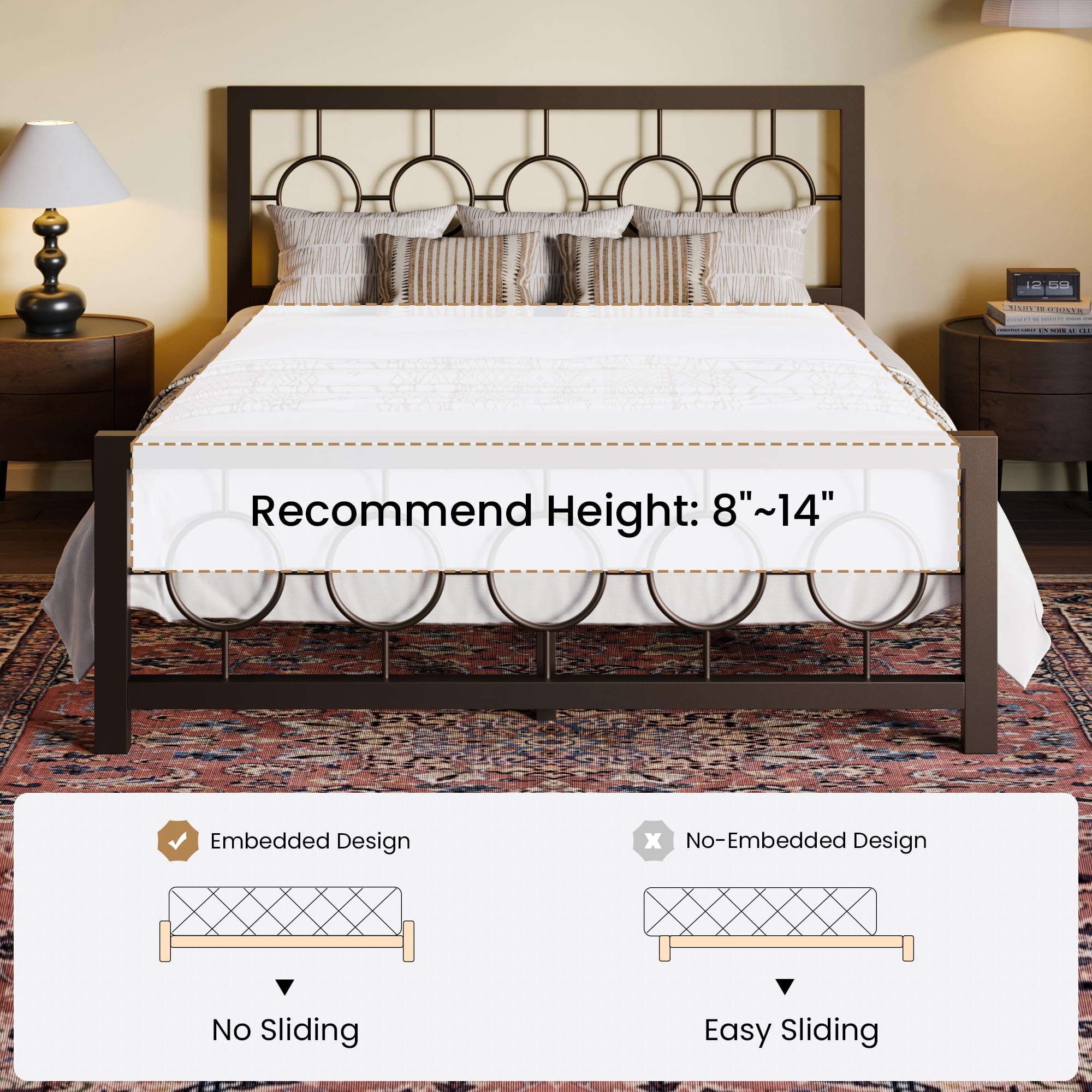 SHA CERLIN Queen Size Metal Bed Frame with Vintage Circular Design Headboard and Footboard,No Box Spring Required,Easy Assembly,Noise-Free,Brown