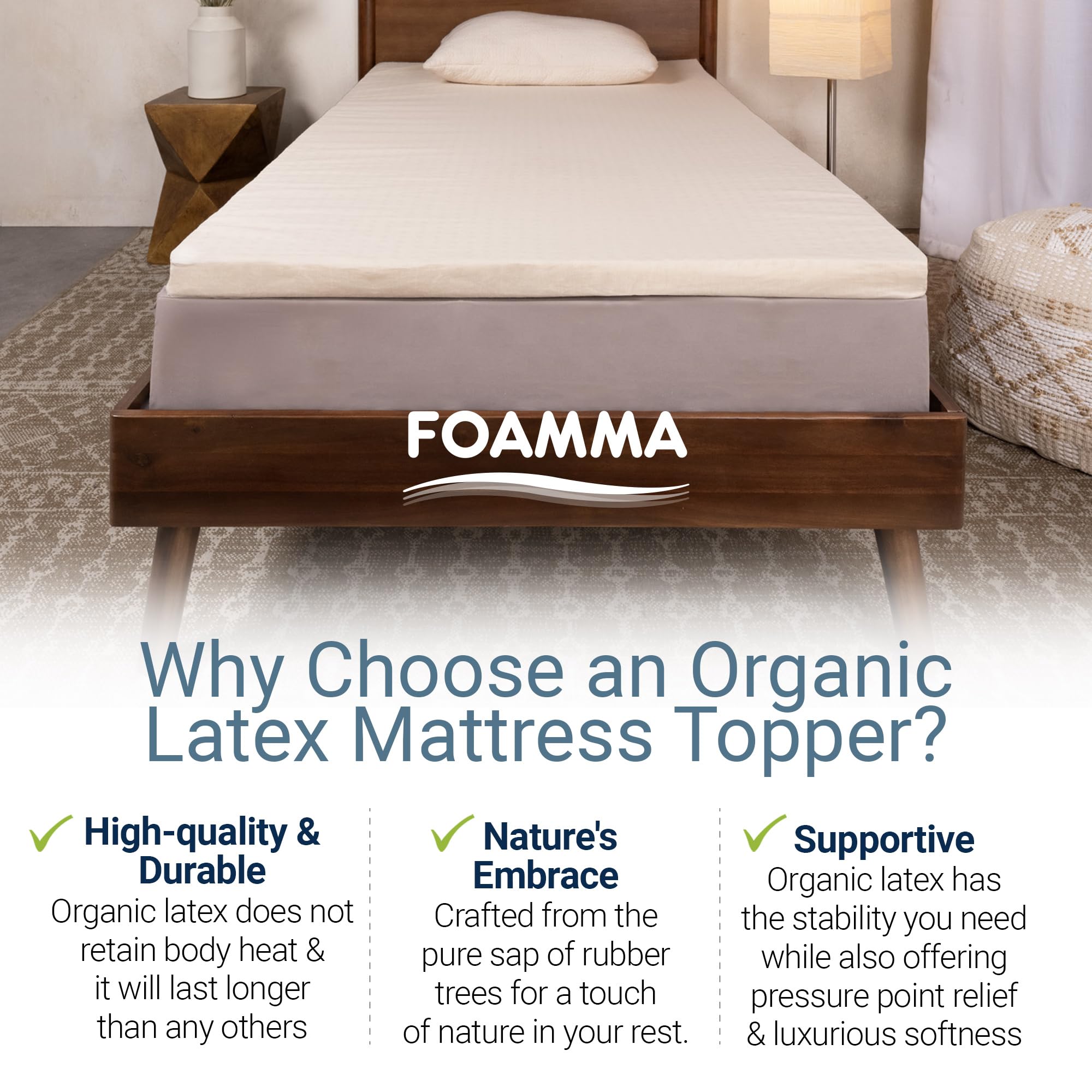 Foamma Organic Latex Mattress Topper - Queen - Organic Latex Topper Made from 100% Organic Latex Foam - Durable, Cooling, and Breathable - GOLS Certified Organic Latex Mattress Topper