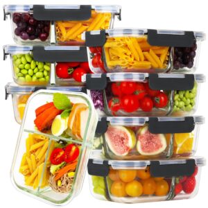 homberking 8 pack glass meal prep containers 3 compartment, 36oz glass food storage containers with lids, airtight glass lunch bento boxes, bpa-free & leak proof (8 lids & 8 containers) - black