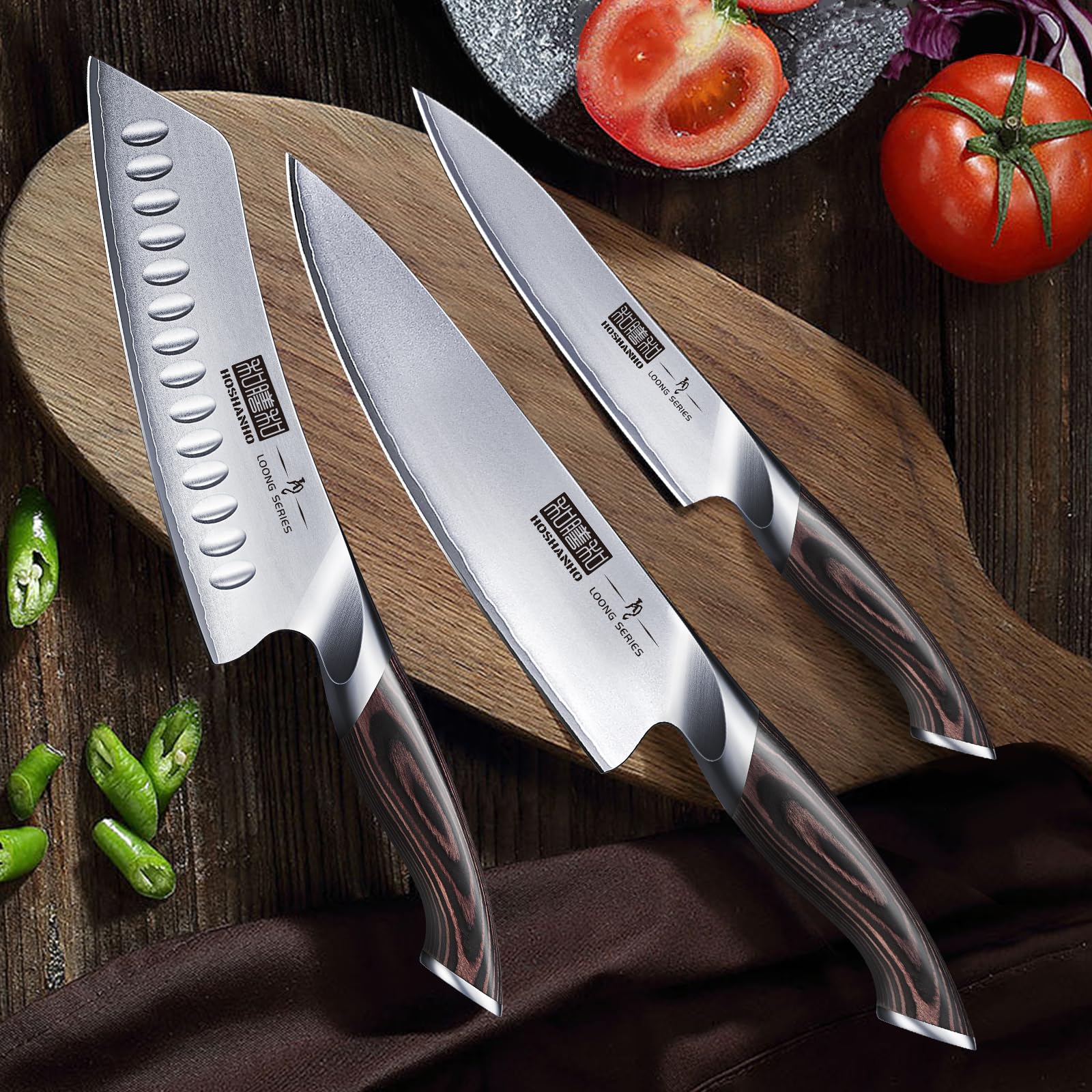 HOSHANHO 3 Pieces Knife Set, Professional Japanese AUS-10 Stainless Steel Kitchen Knife Set, Ultra Sharp Chef Knives Sets with Ergonomic Pakkawood Handle