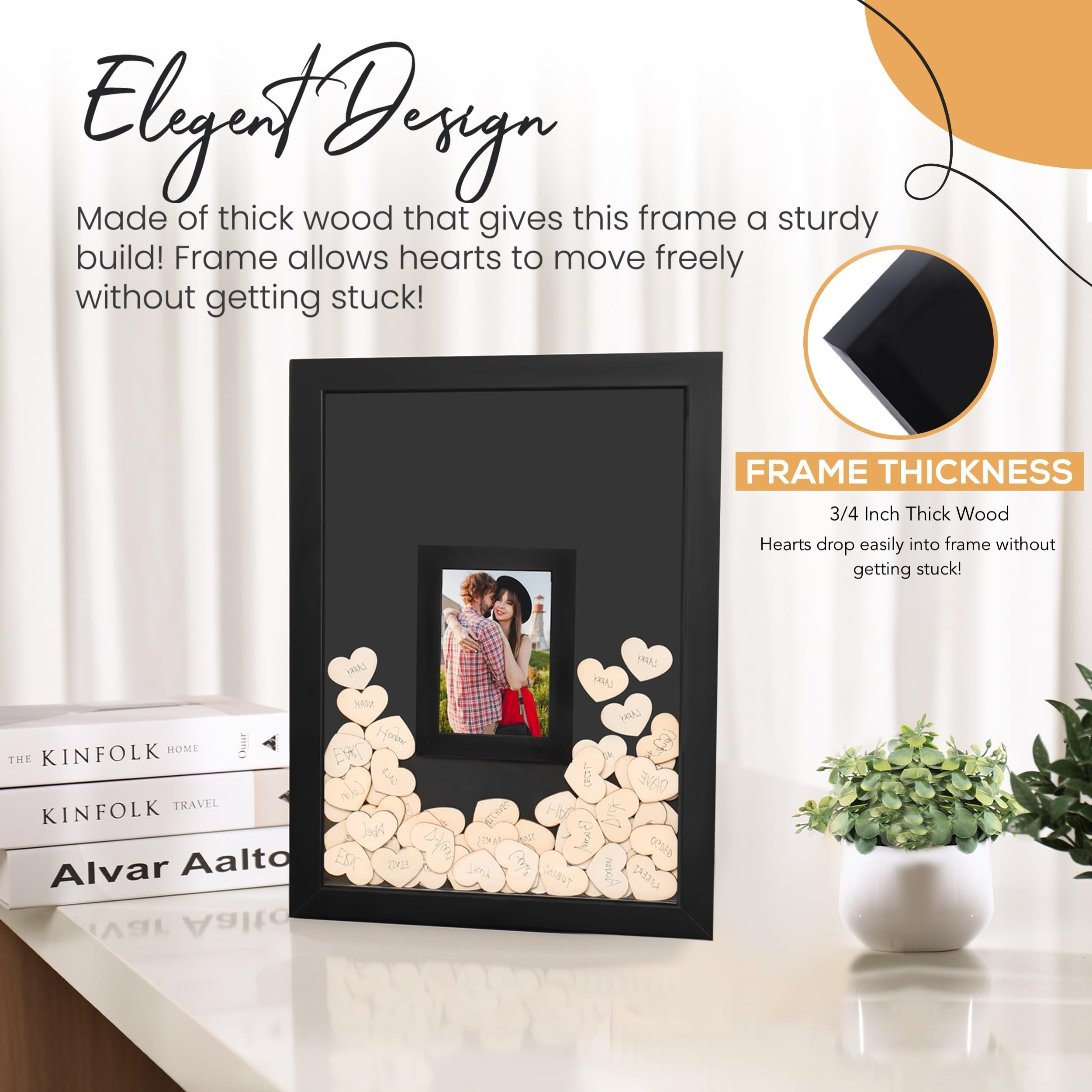 WISATO Wedding Guest Book Picture Frame - Unique Wedding Heart Guest Book Drop Box - Guest Book Alternatives for Receptions, Bridal Showers, Anniversary - 15.5x12x0.75 Black Frame - 120 Wooden Hearts