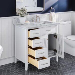 ARIEL Kensington Bathroom Vanity 37" Inch in White with Carrara White Marble Countertop, Right Offset Rectangular Sink, 2 Soft Closing Doors and 4 Full Extension Dovetail Drawers