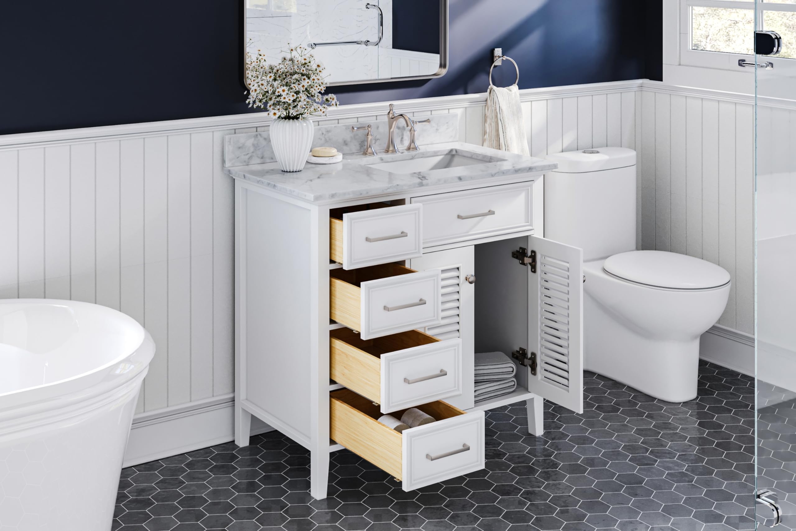 ARIEL Kensington Bathroom Vanity 37" Inch in White with Carrara White Marble Countertop, Right Offset Rectangular Sink, 2 Soft Closing Doors and 4 Full Extension Dovetail Drawers