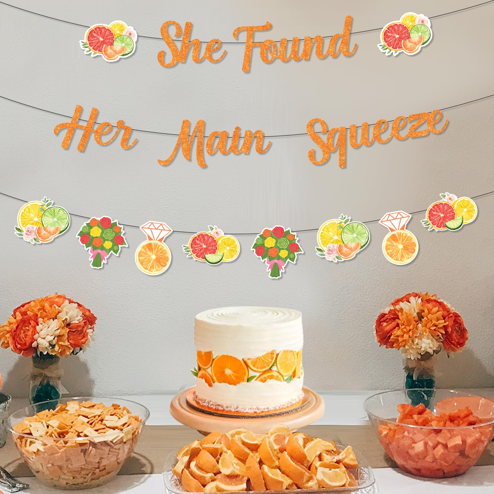 She Found Her Main Squeeze Banner Garland, Lemon Bridal Shower Party Decoration Glitter Citrus Theme Banner Garland for Citrus Lemonade Orange Summer Fruit Theme Bachelorette Wedding Engagement Party