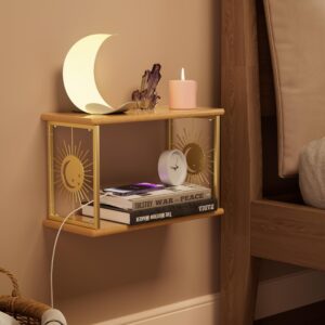 apresolar floating nightstand wall mounted - natural solid wood night stand, bedside table 2 tier shelf, modern metal celestial side floating shelves decor for living room bedroom