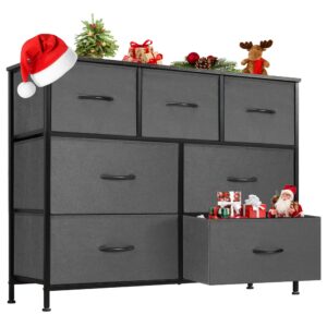 sweetcrispy dresser, dresser for bedroom, storage drawers, tv stand fabric storage tower with 7 drawers, chest of drawers with fabric bins, wooden top for tv up to 45 inch, for kid room, closet