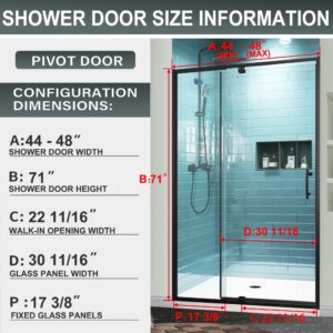 GroGro 44-48" W x 71" H Piovt Swing Glass Shower Door,Pivot Semi-Frameless Glass Shower Door with 1/4"(6mm) Clear SGCC Tempered Glass,Matte Black Finish Shower Doors,Reversible Installation