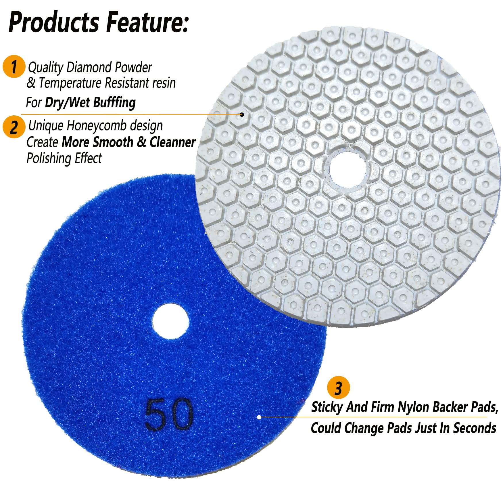 4 Inch New Model Dry Diamond Polishing Pads Grit 50, 1 Box of 6 Piece Dry/Wet Marble Buffing Pad for Granite Marble Quartz Concrete Stones(Need Water for Hard Tile)