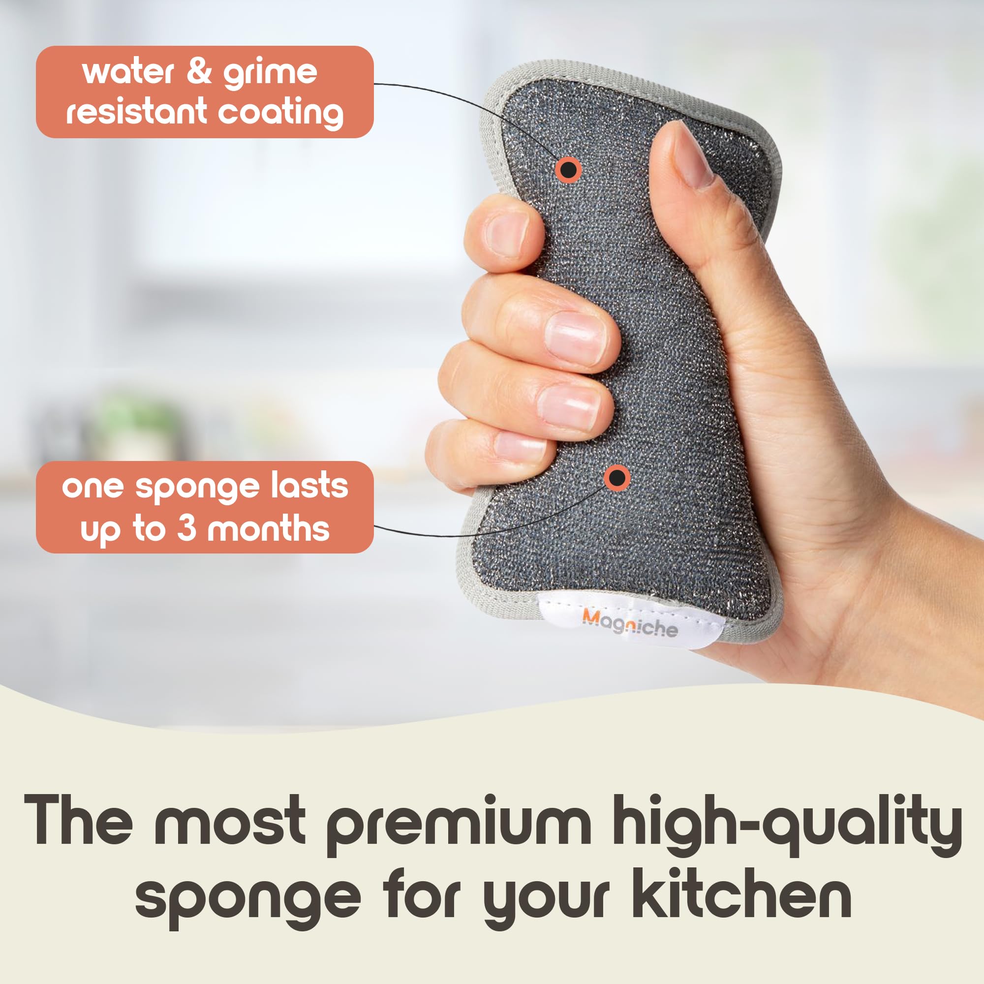 Magniche 4-Pack Premium Kitchen Sponges -REFILLS ONLY- 2-in-1 Dual-Sided Soft Cleaning Dish Sponge & Metal Scrubber, 1-Year Supply, Longer Lasting, Dishwasher Safe Sponges, Eco-Friendly (*No Magnets*)