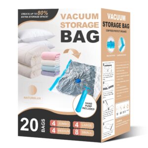 naturelux vacuum storage bags, 20-pack space saver, zipper vacuum sealed bags for clothing, clothes, comforters and blankets,hand pump included (4 jumbo/4 large/4 medium/8 small)