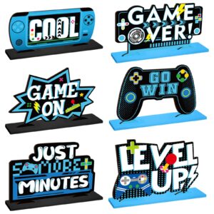 geetery 6 pcs video game party centerpieces wood level up birthday decorations gaming desk decor pixelated game on table sign for adults birthday party game gaming theme fans supplies(blue)