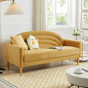 qnzk 63.78" w modern loveseat sofa simple assembly 3-seat couch for living room wooden legs linen upholstery (yellow)