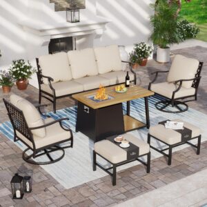 sunshine valley patio furniture set with firepit table, metal outdoor patio furniture, 2 swivel chairs, 3 seater sofa, 2 ottomans with 5.75" extra thick cushion and 46" gas firepit table for backyard