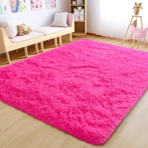 awaytail fluffy rug washable 4x6 feet, hot pink fuzzy rugs for bedroom girls, flame retardant plush shaggy rug home decor