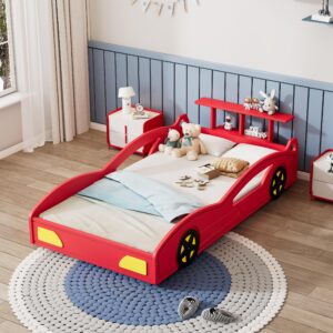 brabrety wooden race car bed,car-shaped platform twin bed with wheels.ideal for kids and teenagers' bedrooms (red#c)