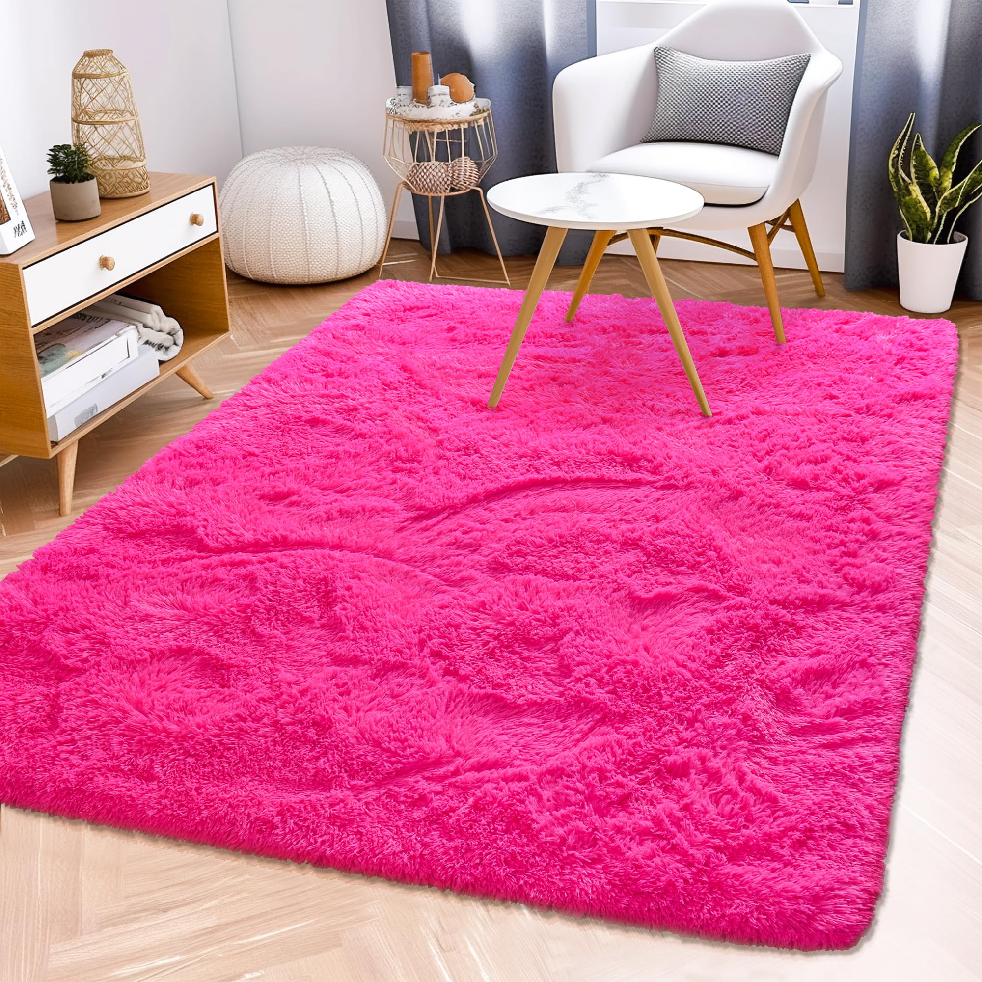 Awaytail Fluffy Rug Washable 4x6 Feet, Hot Pink Fuzzy Rugs for Bedroom Girls, Flame Retardant Plush Shaggy Rug Home Decor