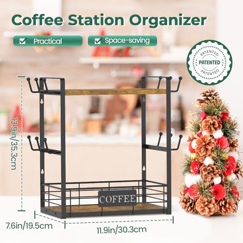 EsLuker.ly 2 Tier Coffee Bar Organizer Countertop Station Shelf for Home Office, Multi-functional Coffee Mug Cup Holder Stand, Accessory Storage Rack with 12 Hooks, Space-Saving Coffee Nook Enhancer