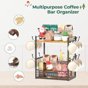 EsLuker.ly 2 Tier Coffee Bar Organizer Countertop Station Shelf for Home Office, Multi-functional Coffee Mug Cup Holder Stand, Accessory Storage Rack with 12 Hooks, Space-Saving Coffee Nook Enhancer